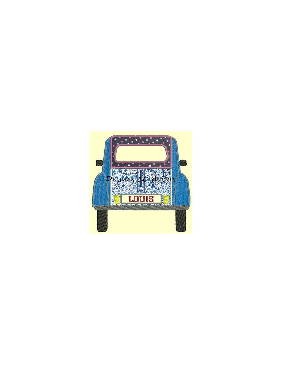 Motif broderie machine appliqué 2CV avant et arrière